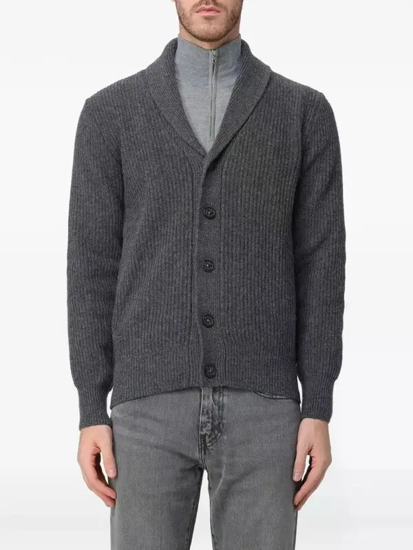 BROOKSFIELD Ribbed-knit Wool Cardigan With Shawl Collar - Grey