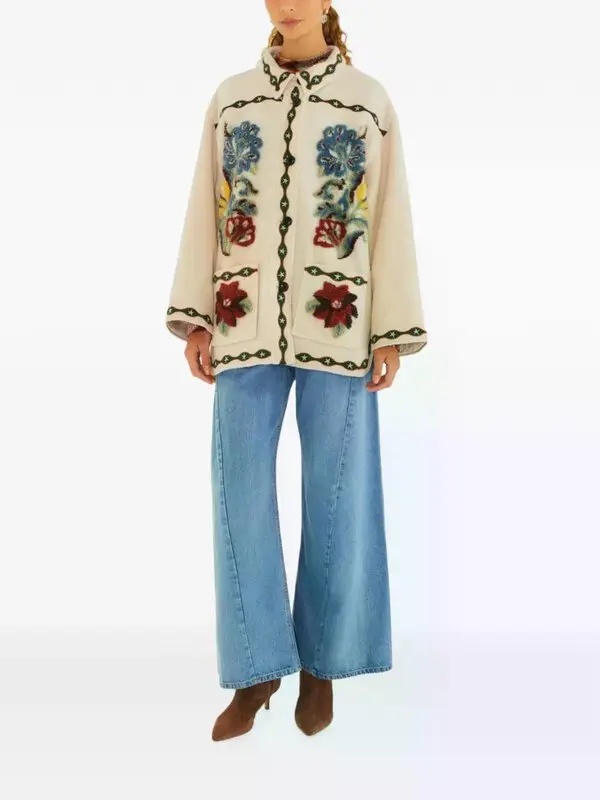 Farm Rio Floral-embroidered Button-up Jacket
