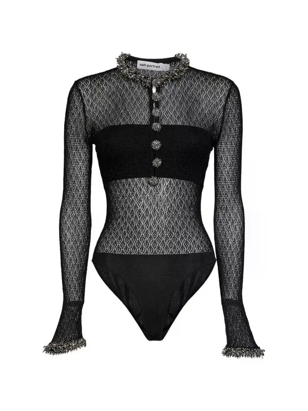 SELF-PORTRAIT Embellished Open-knit Bodysuit - Black