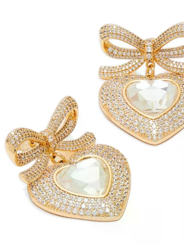 SELF-PORTRAIT Tone Bow Heart Pendant Crystal Embellished Earrings - Gold