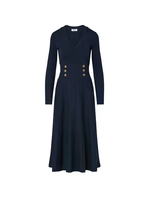 Liu Jo Knit Midi Dress With V-neckline And Golden Buttons - Blue