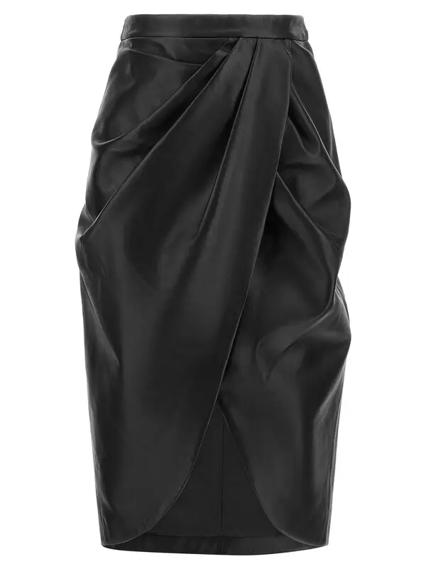 Balmain Lamb Nappa Leather Draped Midi Skirt - Black