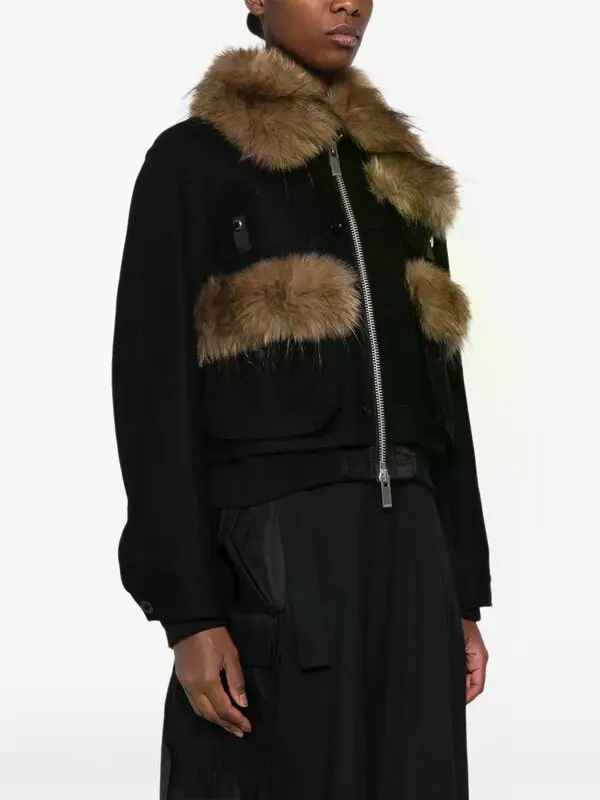 Sacai Faux-fur Trimmed Wool Jacket - Black