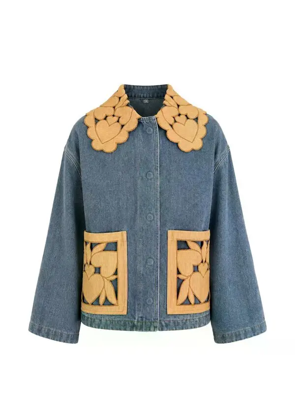 Farm Rio Richelieu Barn Heart-cutout Corduroy-collar Denim Jacket - Blue