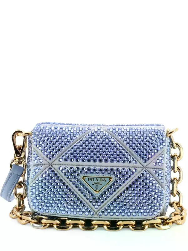 Prada Triangle Chain Flap Bag Crystal Embellished Quilted Satin Shoulder Bag - Blue
