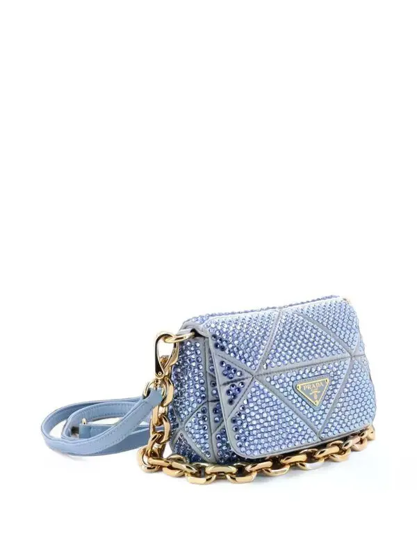 Prada Triangle Chain Flap Bag Crystal Embellished Quilted Satin Shoulder Bag