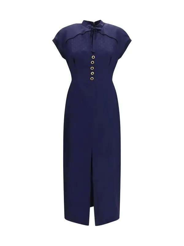 Alessandra Rich Silk Midi Dress With Contrast Piping - Blue