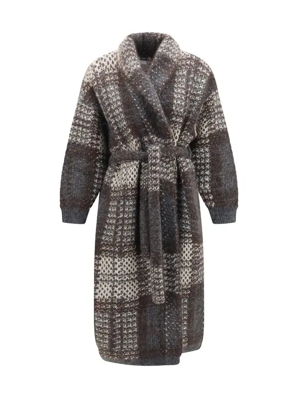 Brunello Cucinelli Macrocheck Mohair Blend Coat With Belt