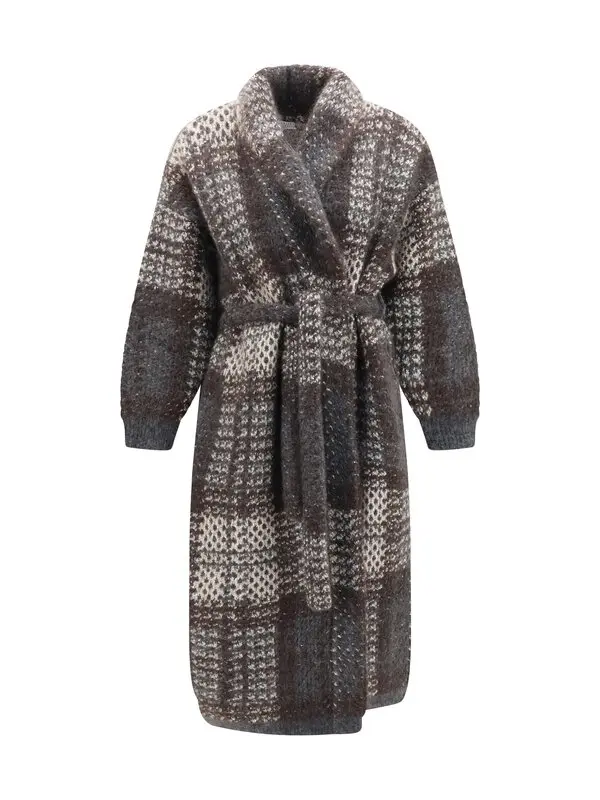 Brunello Cucinelli Macrocheck Mohair Blend Coat With Belt - Gray