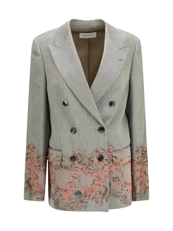 Dries Van Noten Double-breasted Linen And Cotton-blend Blazer With Embroidery - Gray