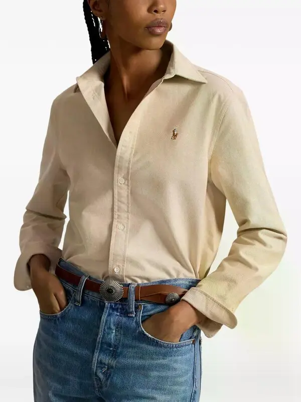 Polo Ralph Lauren Beige Cotton Polo Pony Motif Button-down Shirt