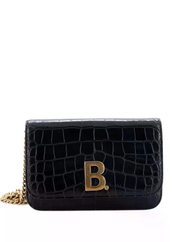 Balenciaga B Dot Wallet On Chain Crocodile Embossed Leather Crossbody Bag - Black