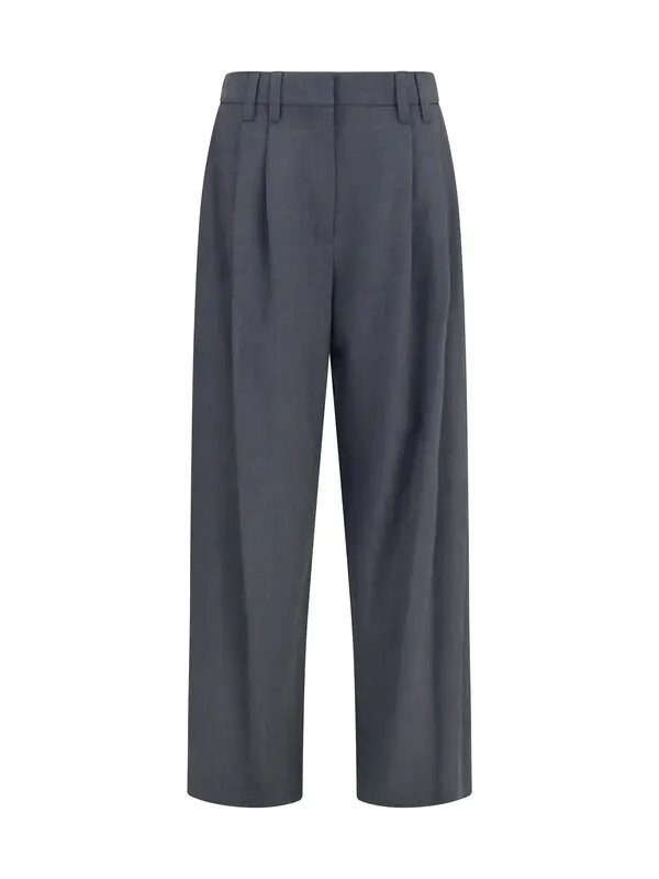 Brunello Cucinelli Tropical Wool Tailored Pants With Monili Detail - Gray