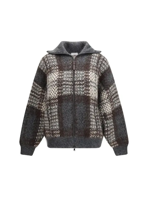 Brunello Cucinelli Checked Wool Zip Cardigan With Sequins