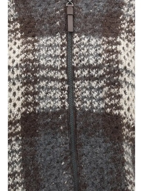 Brunello Cucinelli Checked Wool Zip Cardigan With Sequins