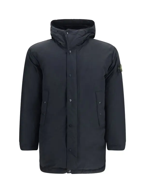 Stone Island Long Down Jacket With Hood - Black
