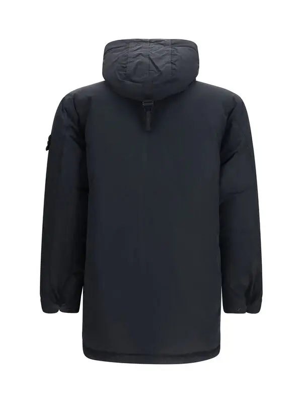 Stone Island Long Down Jacket With Hood - Black