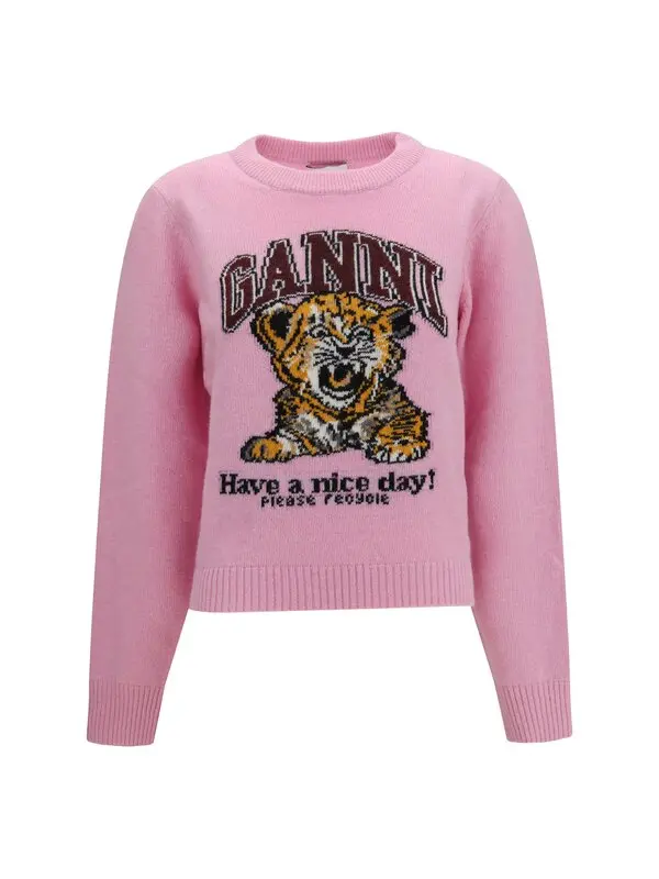 GANNI Graphic Print Wool Crew Neck Sweater - Pink