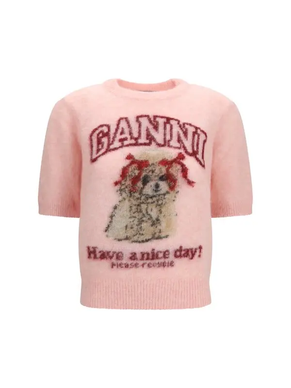GANNI Alpaca Graphic Knit T-shirt - Pink
