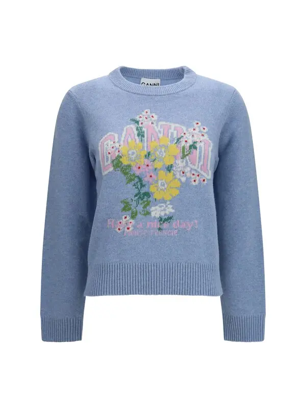 GANNI Floral Wool Sweater - Blue