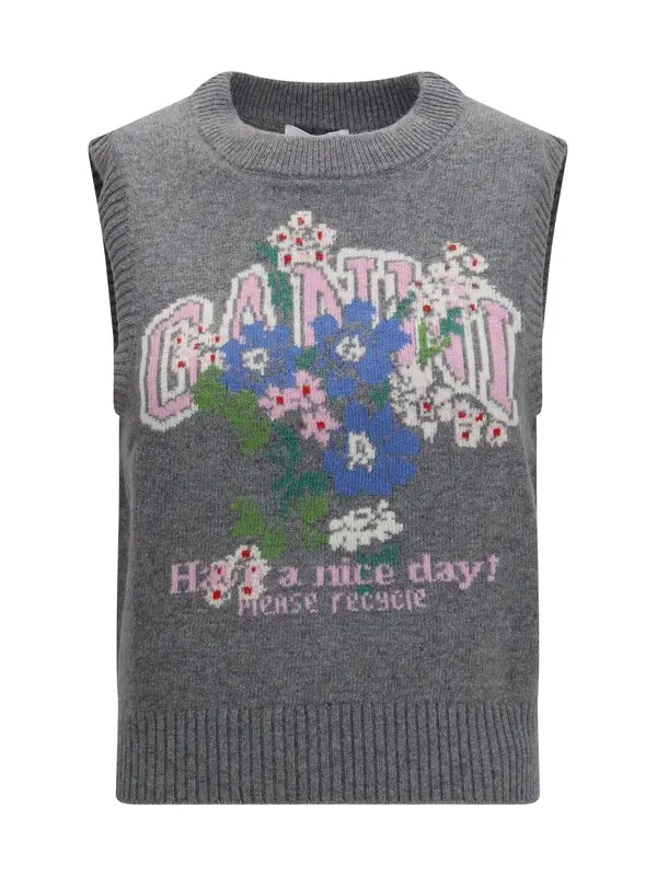 GANNI Wool Floral Knit Vest - Gray