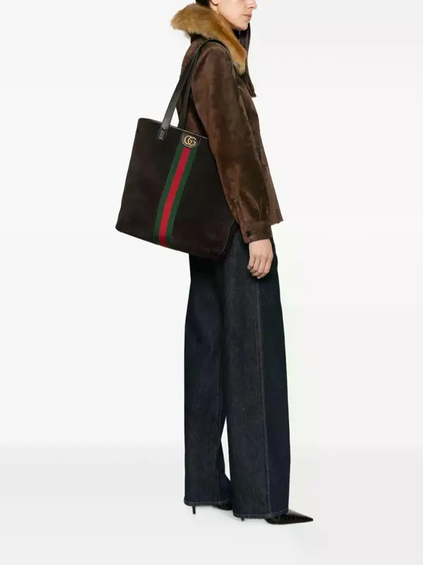 Gucci Suede Shoulder Bag With Web Stripe Detailing - Brown
