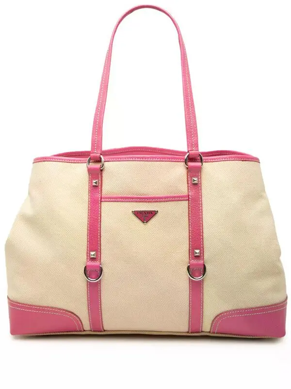 Prada 2013-2026 Studded Leather Trimmed Canvas Front Pocket Tote Satchel - Pink