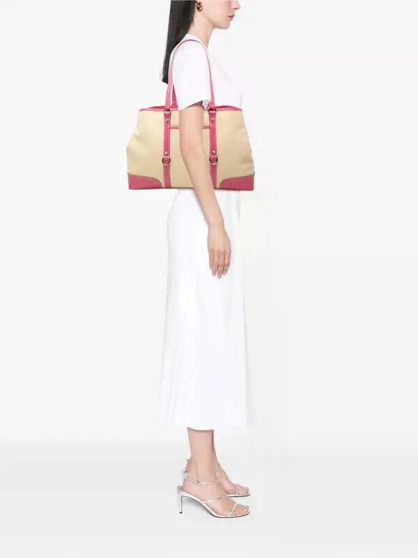 Prada 2013-2026 Studded Leather Trimmed Canvas Front Pocket Tote Satchel