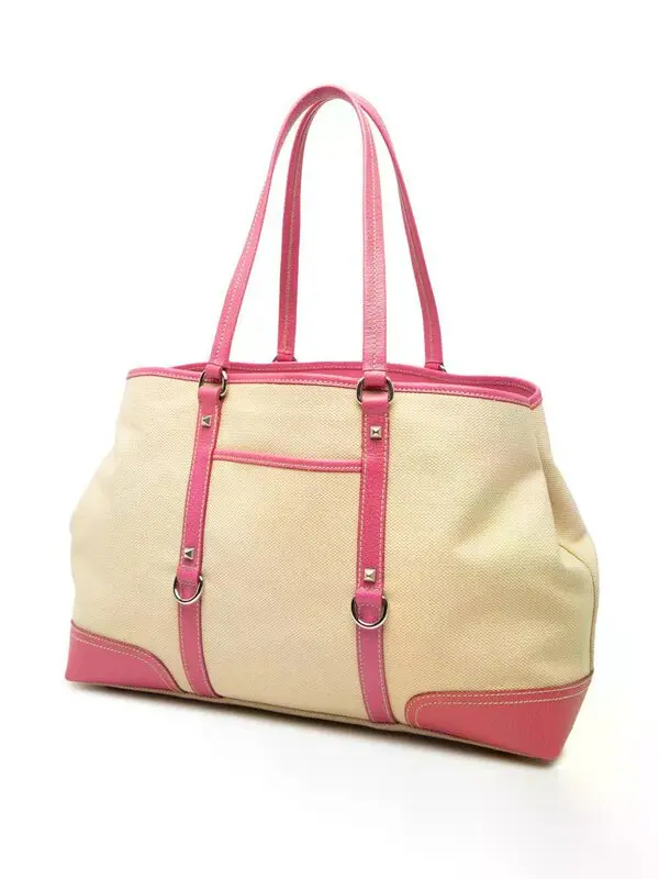 Prada 2013-2026 Studded Leather Trimmed Canvas Front Pocket Tote Satchel