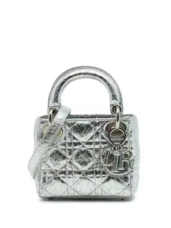Dior 2017 Micro Metallic Crinkled Calfskin Cannage Lady Satchel - Silver