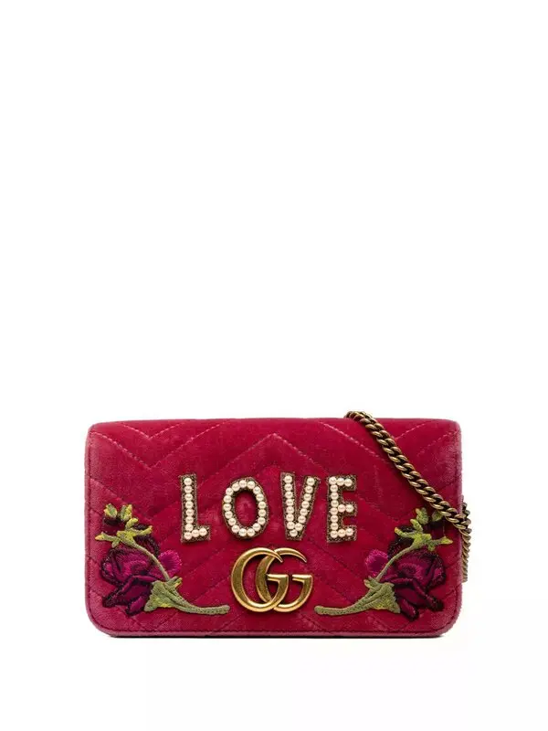 Gucci Mini Gg Marmont Embroidered Velvet Wallet On Chain Bag - Pink