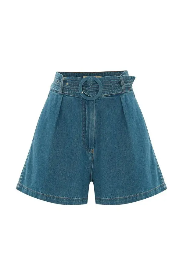 EXQUISE Belted Denim Look Relaxed Shorts Indigo - Blue