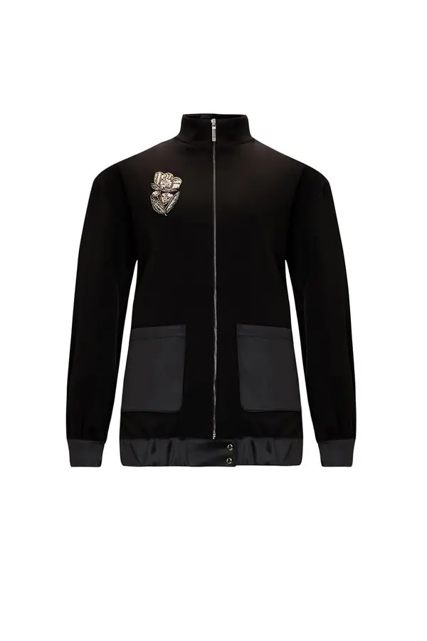 EXQUISE Stone Embellished Zip-up Knit Jacket