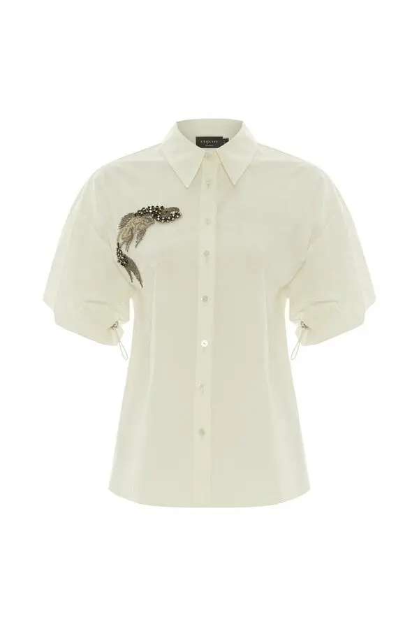 EXQUISE Embellished Fish Print Shirt