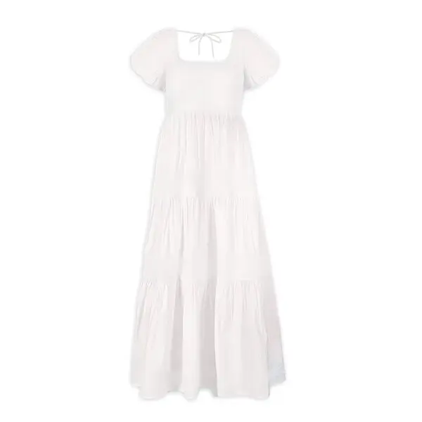 REISTOR Puff Sleeve Embroidered Tiered Maxi Dress - White