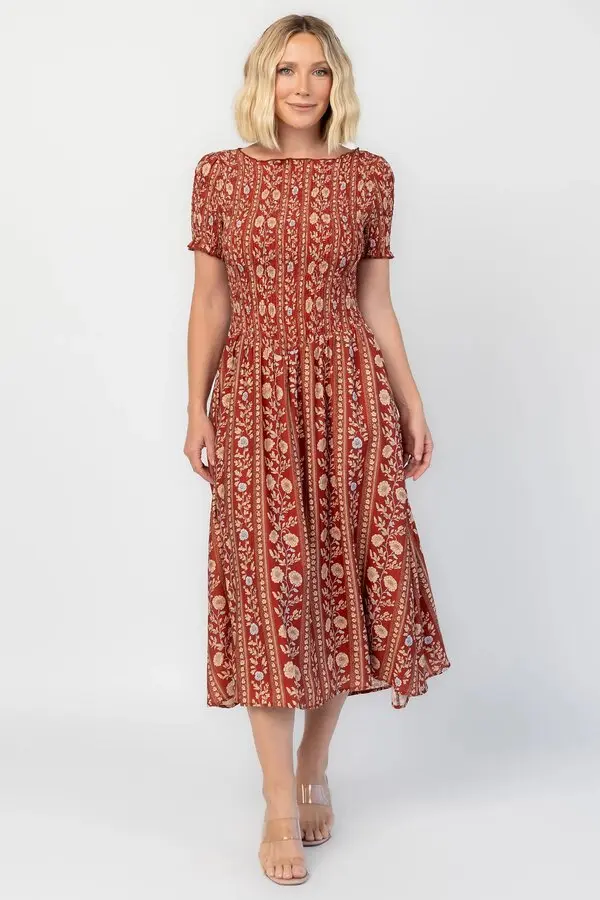 XH TEXTILES Rhonda Smocked Midi Dress - Rust Print