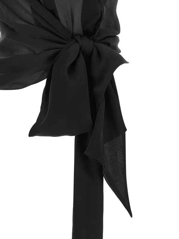 Balmain Silk Chiffon Draped Neckline Top - Black