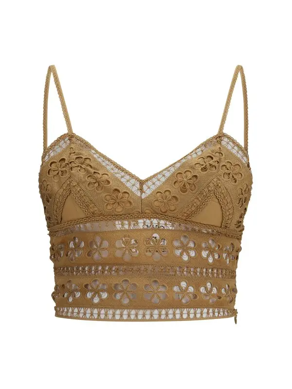 Charo Ruiz Ibiza Melie Top In Cotton Voile And Embroidered Lace - Brown