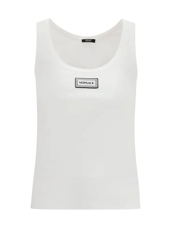 Versace Ribbed Stretch Cotton Tank Top With Logo Patch - White