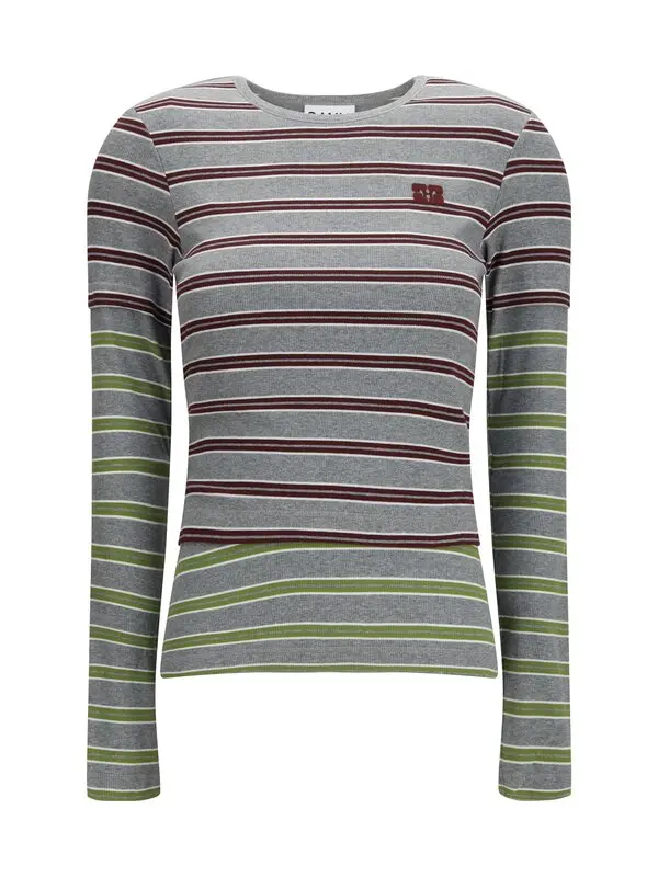 GANNI Double-sleeve Striped Cotton T-shirt - Gray