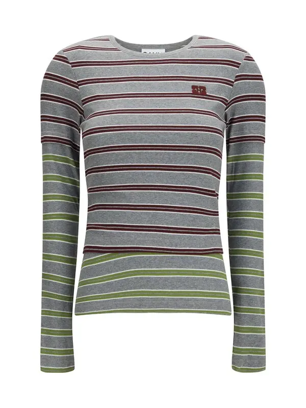 GANNI Double-sleeve Striped Cotton T-shirt - Gray