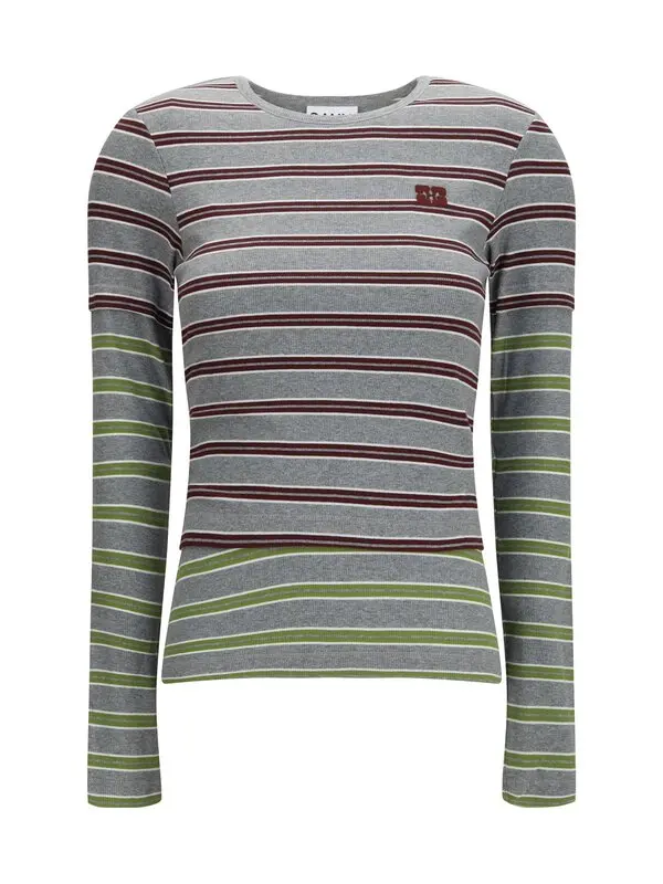 GANNI Double-sleeve Striped Cotton T-shirt - Gray