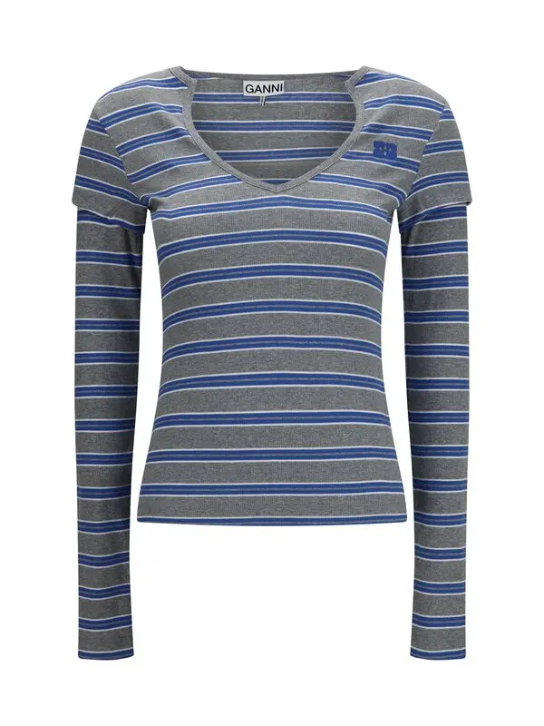 GANNI Ribbed V-neck Long-sleeve T-shirt - Gray