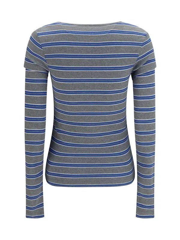 GANNI Ribbed V-neck Long Sleeve T-shirt - Gray