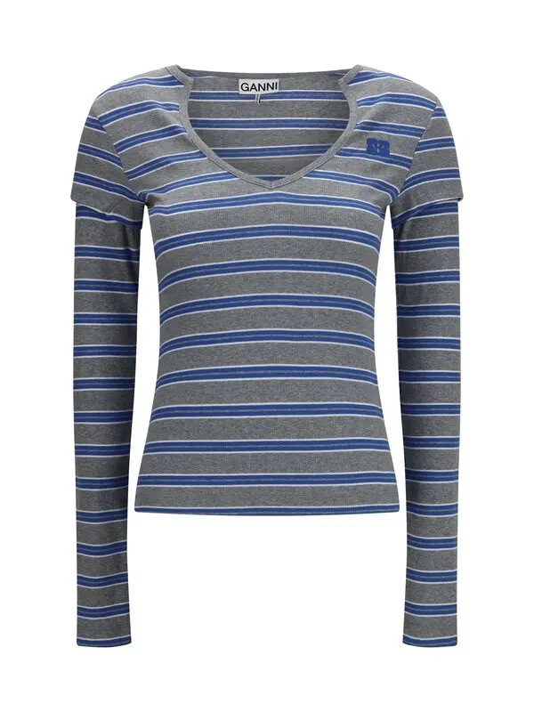 GANNI Ribbed V-neck Long Sleeve T-shirt - Gray