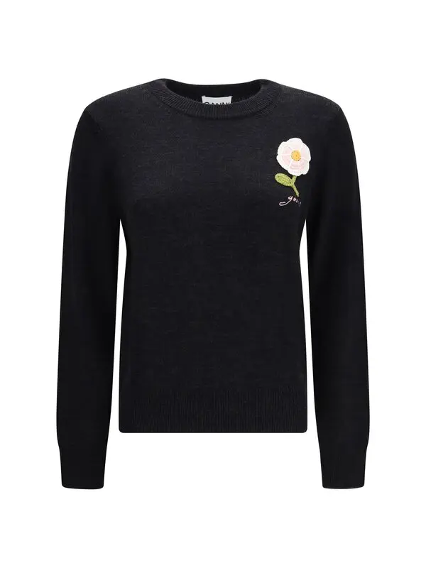 GANNI Wool Blend Sweater With Crochet Flower Detail - Black