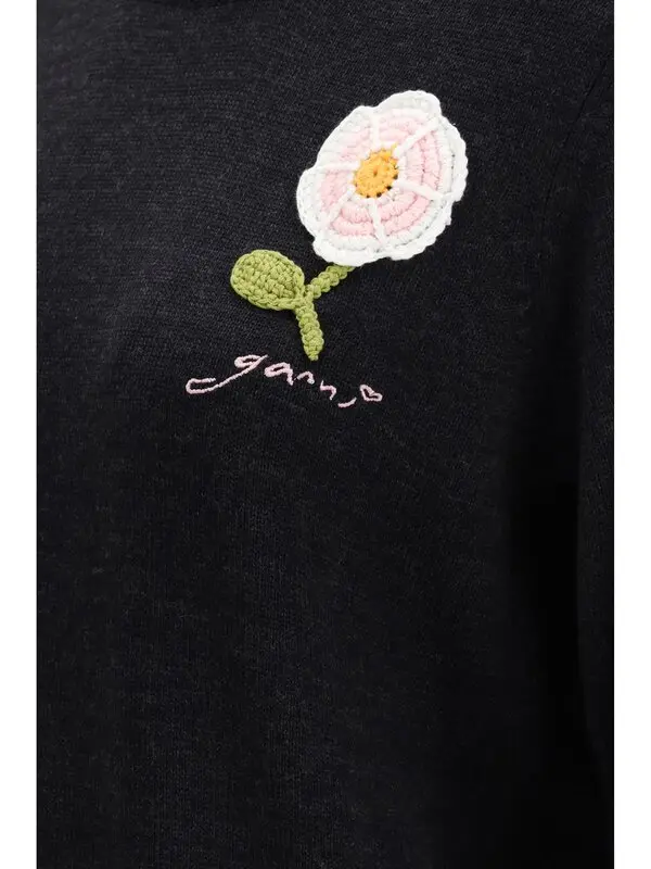 GANNI Wool Blend Sweater With Crochet Flower Detail - Black
