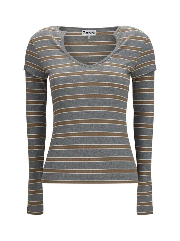 GANNI Ribbed V-neck Long-sleeve T-shirt - Gray