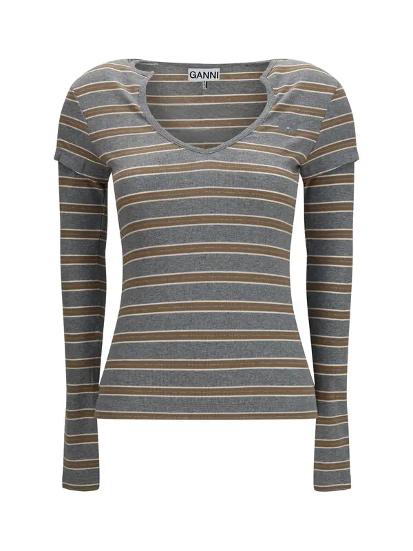 GANNI Ribbed V-neck Long-sleeve T-shirt - Gray