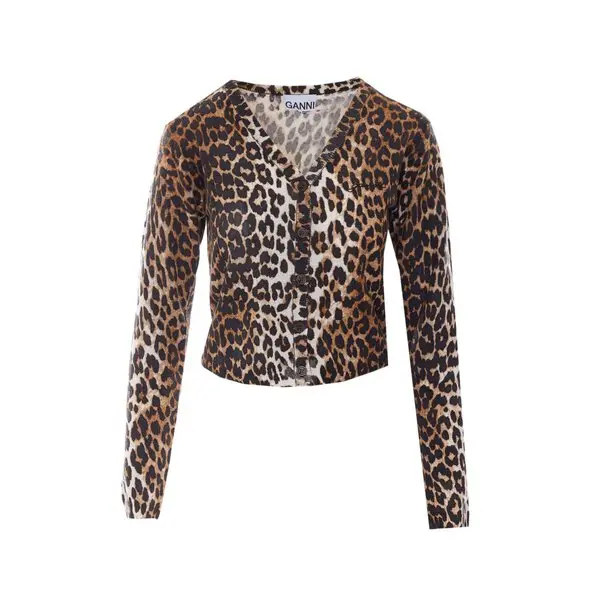 GANNI Leopard Print Merino Wool V-neck Cardigan - Brown